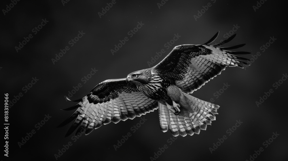 Hawk flying. Black white nature .Dark sky background.Long legged ...