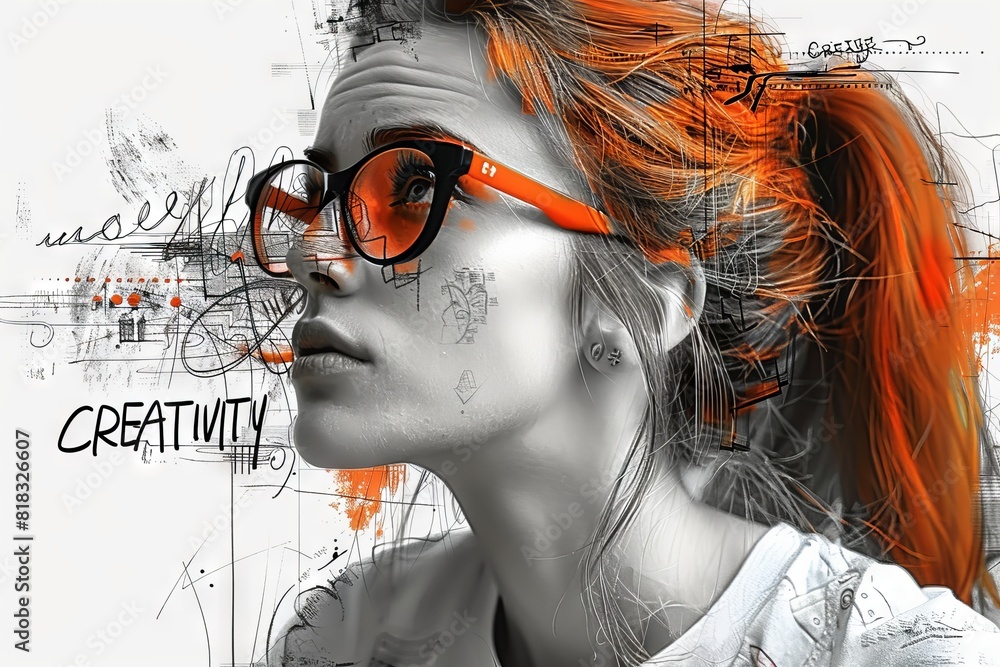 Girl against the background of splashed paints "CREATIVITY" Concept: inspiration and the fight ...