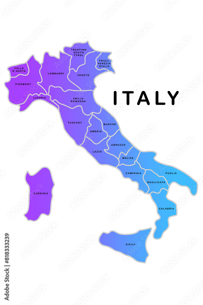 Blue and purple political map of Italy with province and region ...