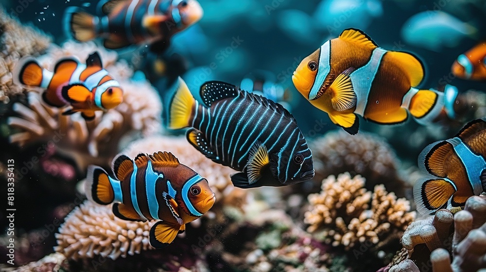 Group of clownfish swimming together amidst coral reefs with sea ...