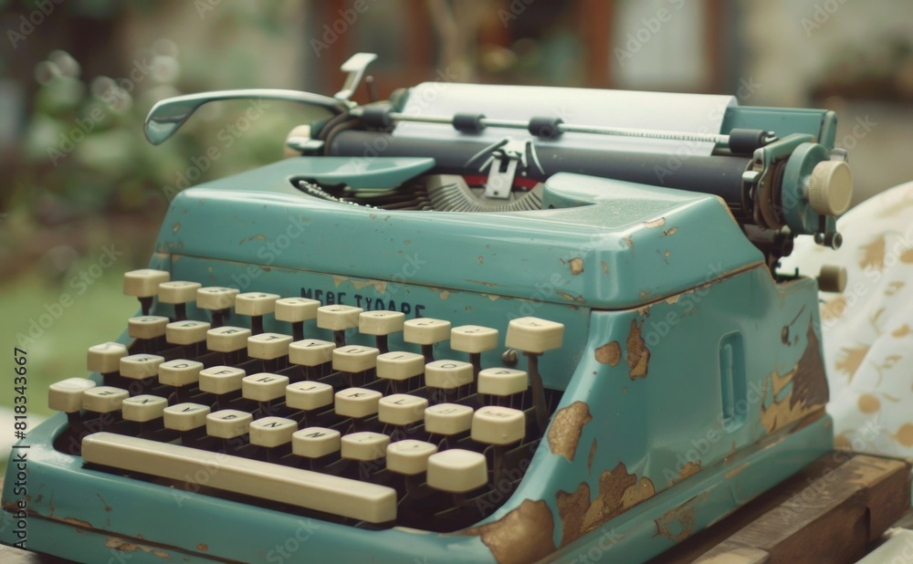 Vintage typewriter with worn-out paint in a garden. Old-fashioned ...