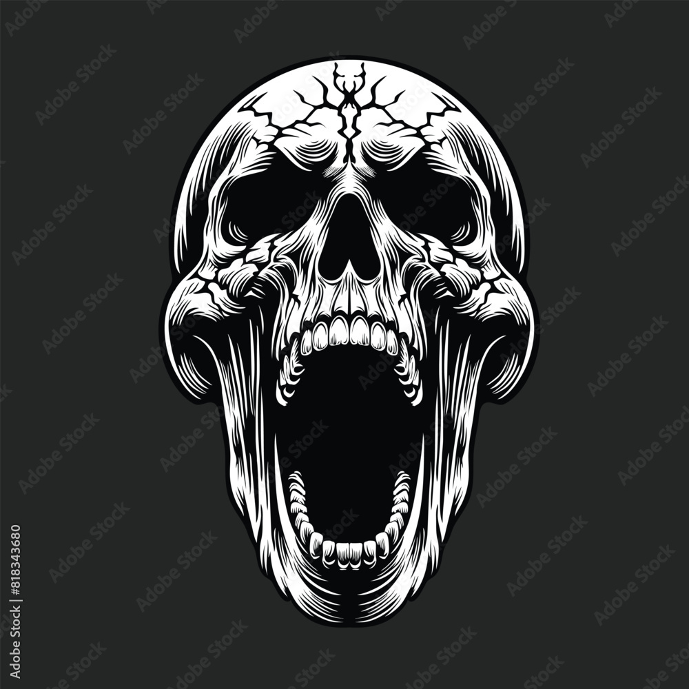 Vetor de Scary Screaming Skull Vector Art | Gothic Skull Illustration | Black and White Horror ...