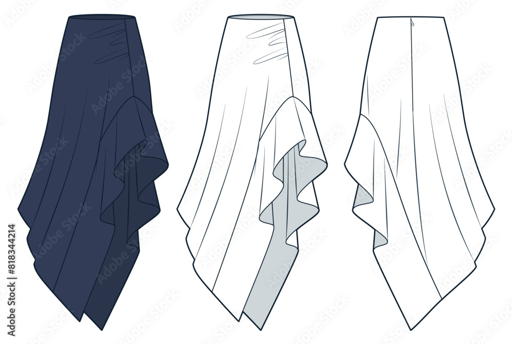 Asymmetric maxi Skirt technical fashion illustration. Ruffle Skirt ...