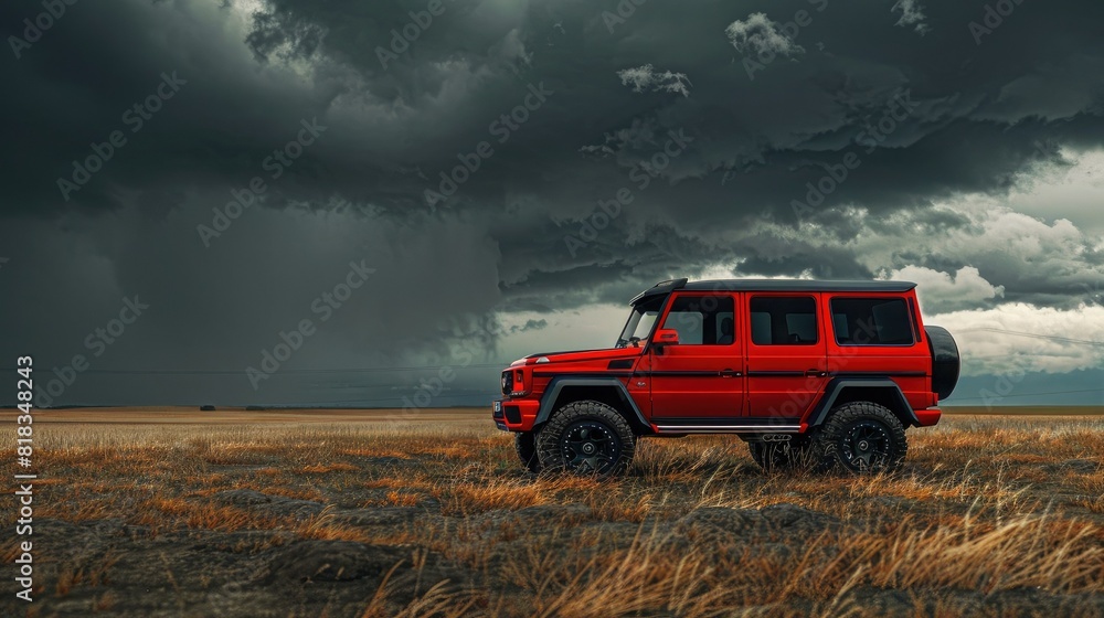 A red SUV with black accents sits in an open field under dark storm ...