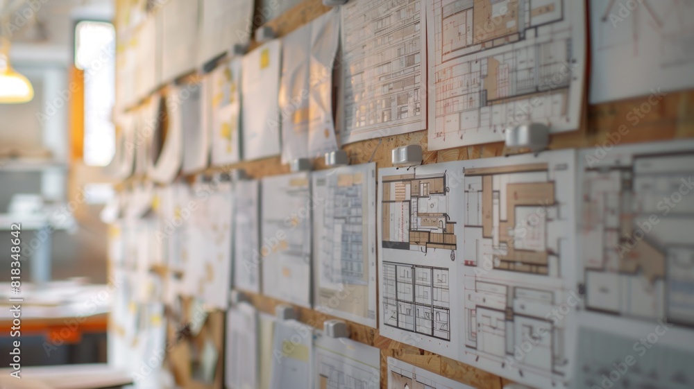 wall full of architectural blueprints and design plans showcases the ...