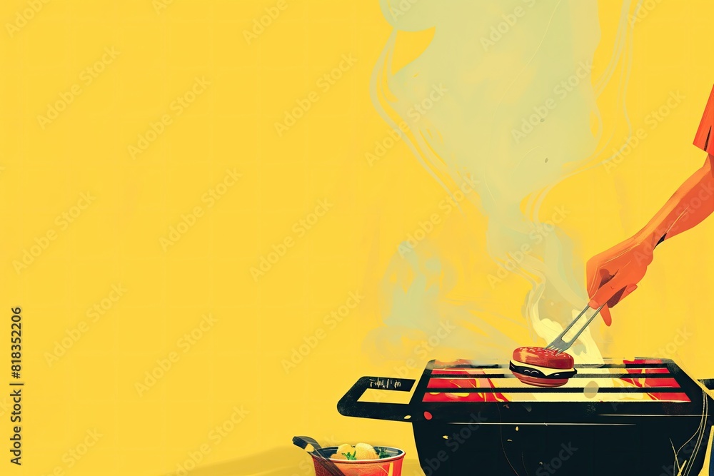 An animated 2D illustration of a person flipping burgers on a barbecue ...