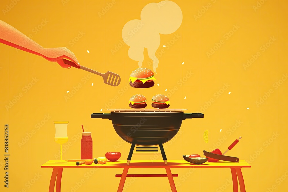 An animated 2D illustration of a person flipping burgers on a barbecue ...