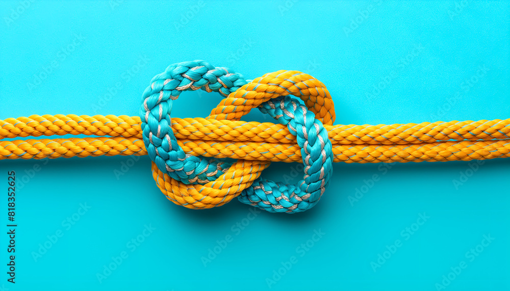 two ropes of different colors tied into a knot, pastel background ...