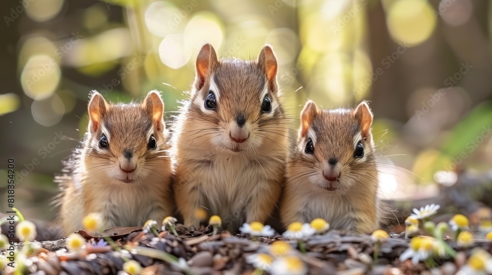 Mother chipmunk and two baby chipmunks standing side by side. Stock ...