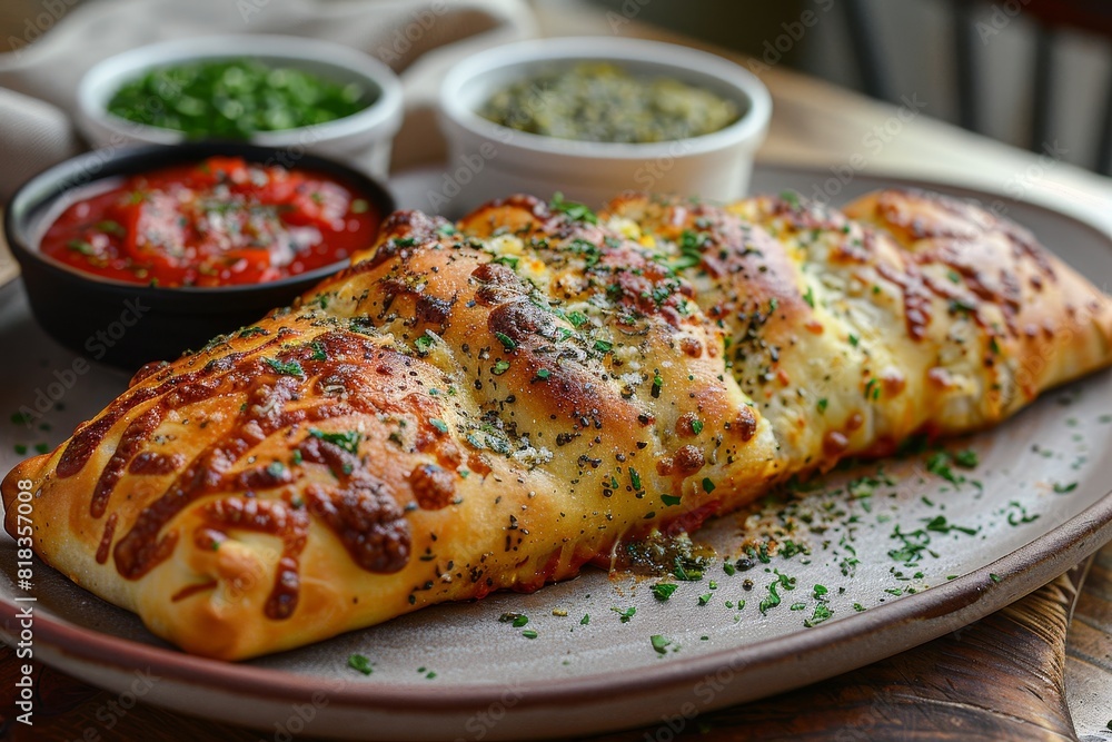 Calzone: A folded pizza with a golden crust, oozing with cheese and ...