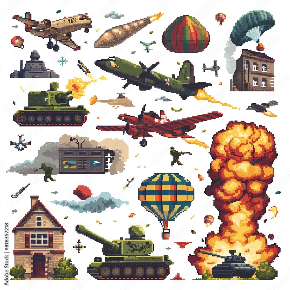 Pixel art war scene. Tanks, aeroplanes, soldiers, one parachuting, and ...
