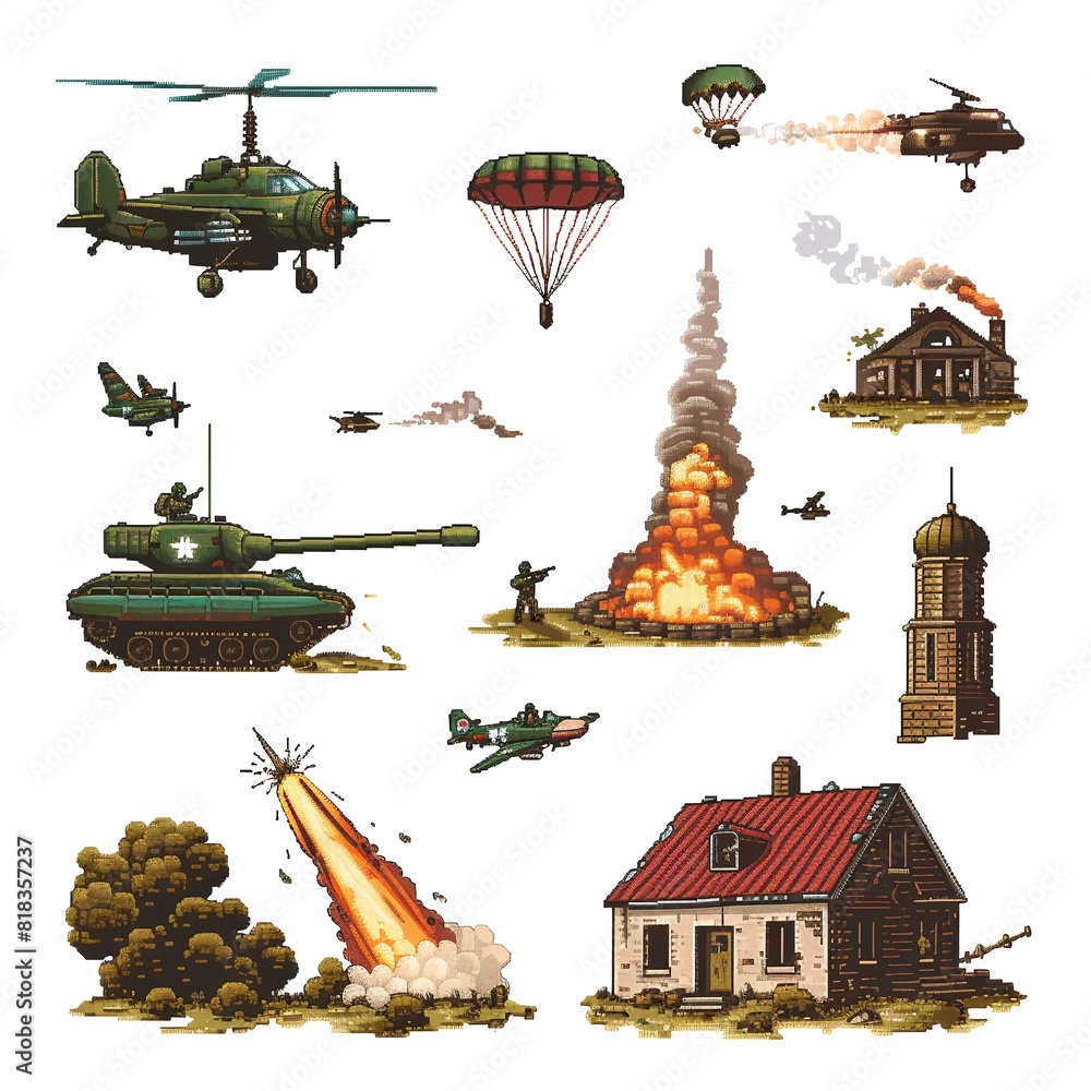 Military scene in cartoon pixel art. Helicopters, aeroplanes, tanks and ...