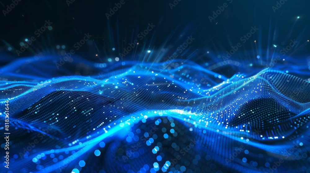 Abstract blue tech background with digital waves, dynamic network system, artificial neural ...