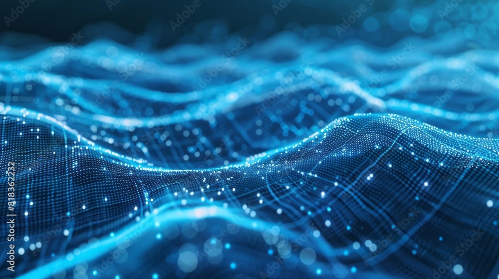 Abstract blue tech background with digital waves, dynamic network system, artificial neural ...