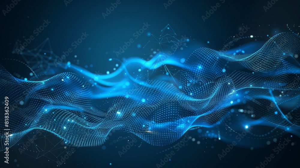 Abstract blue tech background with digital waves, dynamic network system, artificial neural ...