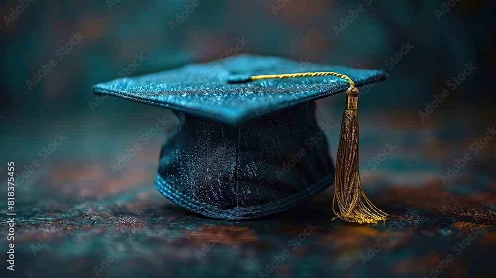 A blue graduation cap with a gold tassel sits on a dark blue background ...