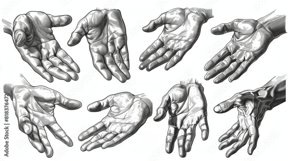 Cupped hands, folded arms sketch. Vintage vector illustration 3d avatrs ...