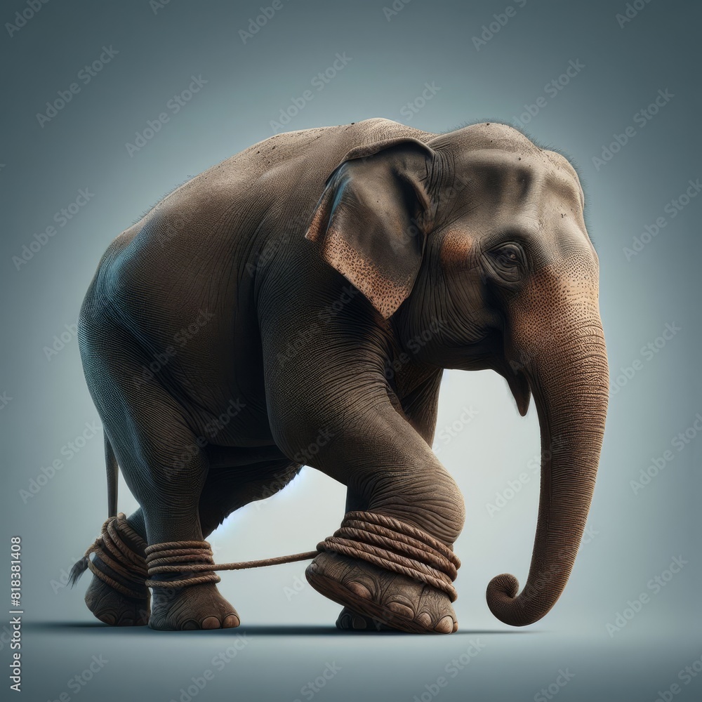 Un elefante adulto amarrado en sus patas, dominado, dificultando su ...