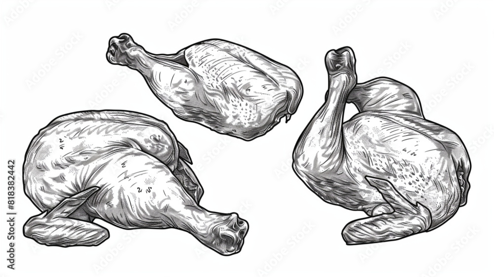 Fried and roasted chicken thigh leg. Cooking meat sketch vector ...
