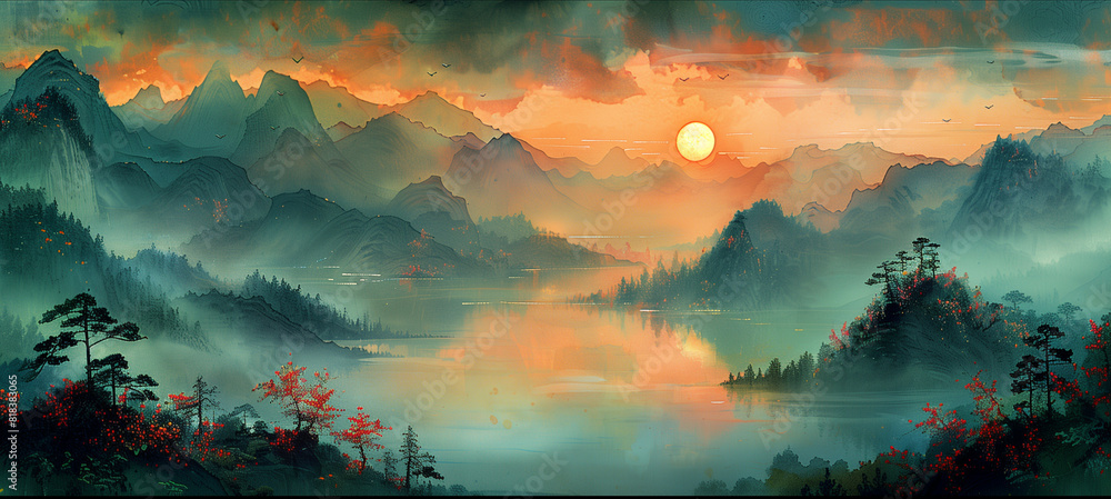 Traditional eastern art. Ink painting. Zen. ancient scroll. Fantasy ...