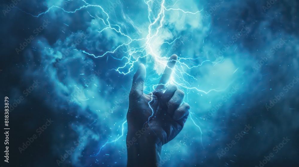 Hand holding up a lightning bolt. Energy and power. Stormy background ...