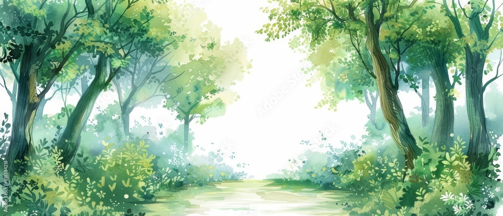A watercolor clipart of a forest pathway leading to a bright clearing ...