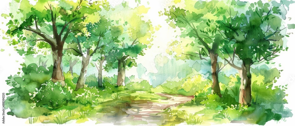 A watercolor clipart of a forest pathway leading to a bright clearing ...