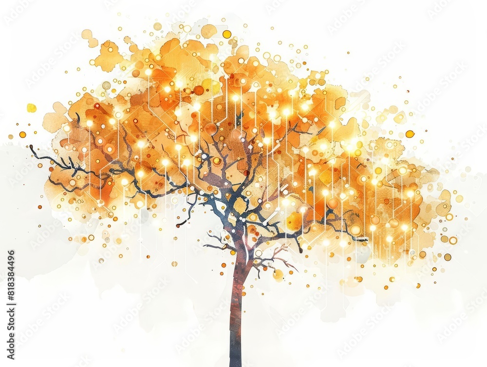 A watercolor clipart of a tree made of glowing circuit lines and nodes ...
