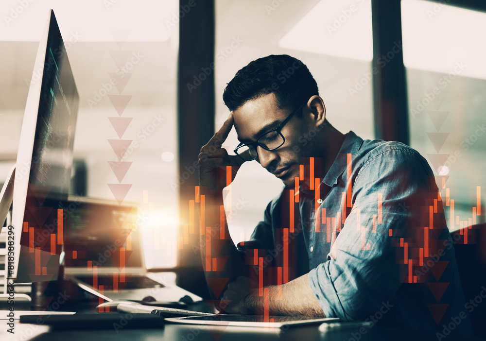 Man, technology and stress with overlay in office for finance, investment risk and stock market ...