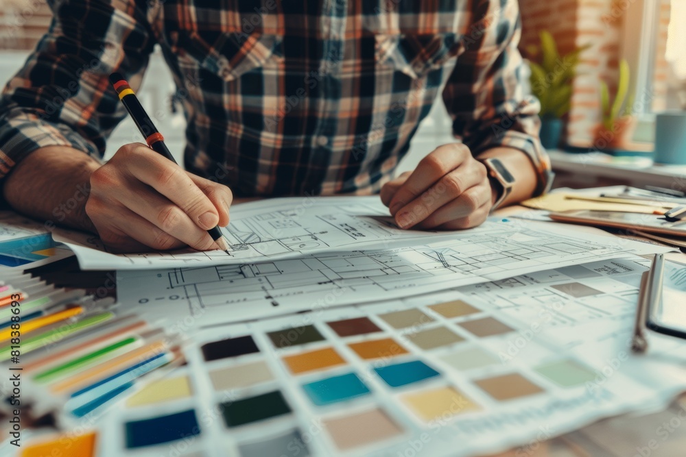 Designer is drawing blueprints for an architectural project, surrounded ...