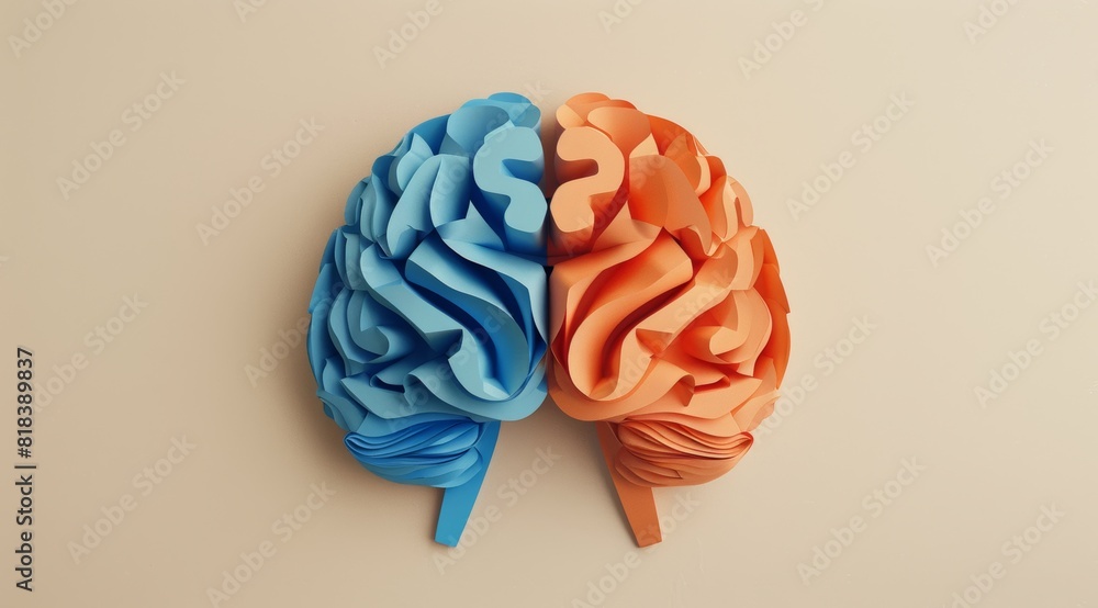 Paper cutout of the left and right half brain on a beige background ...