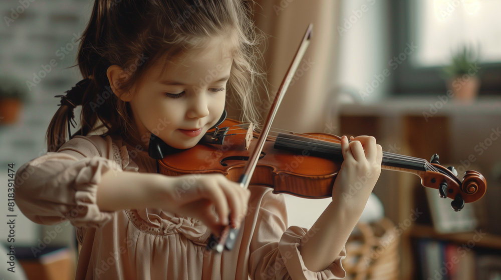 Charming little girl learning to play the violin with an artistic music ...