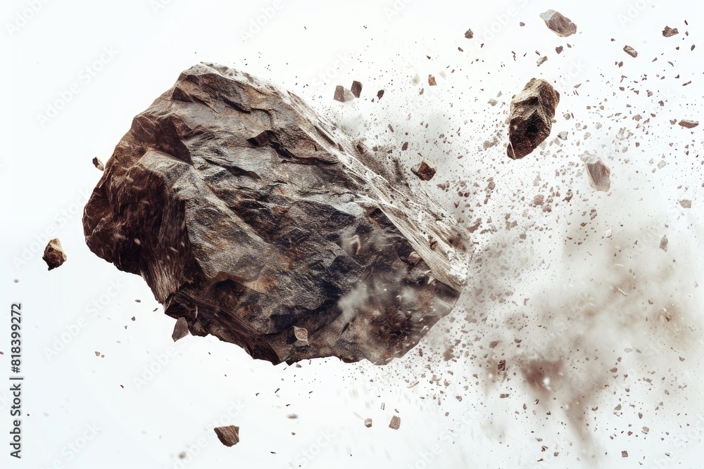 A large rock is flying through the air, leaving a trail of dust and ...