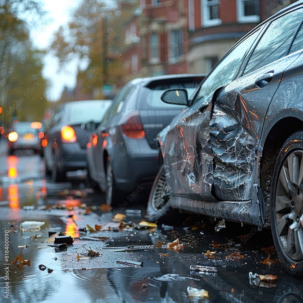 A car accident occurs between two vehicles, at a road intersection ...