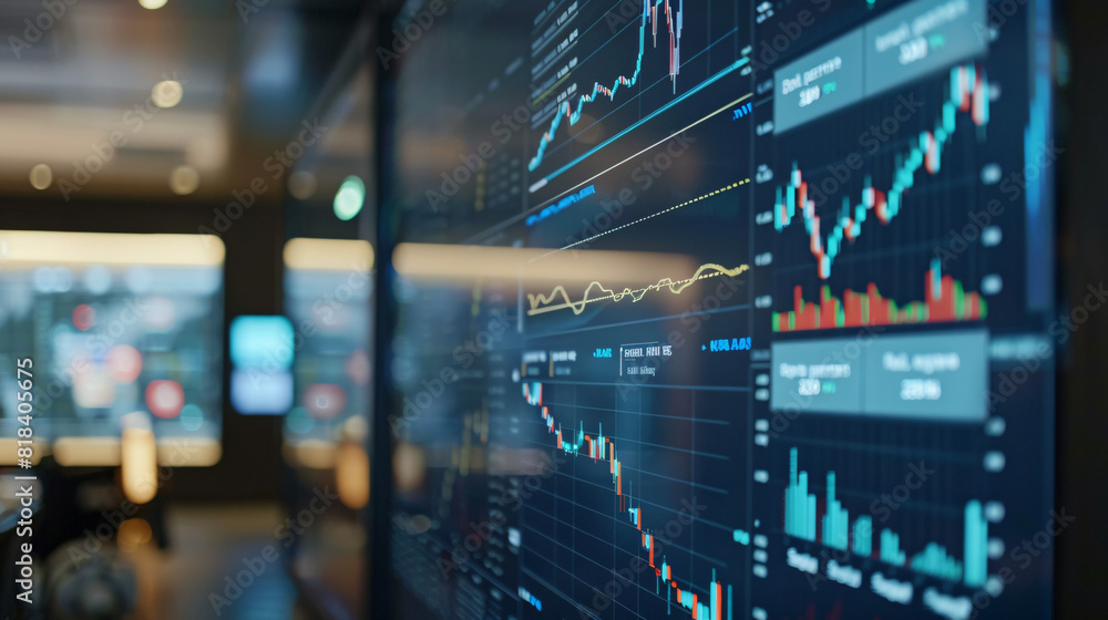 A detailed close-up of stock market data being analyzed on a large ...