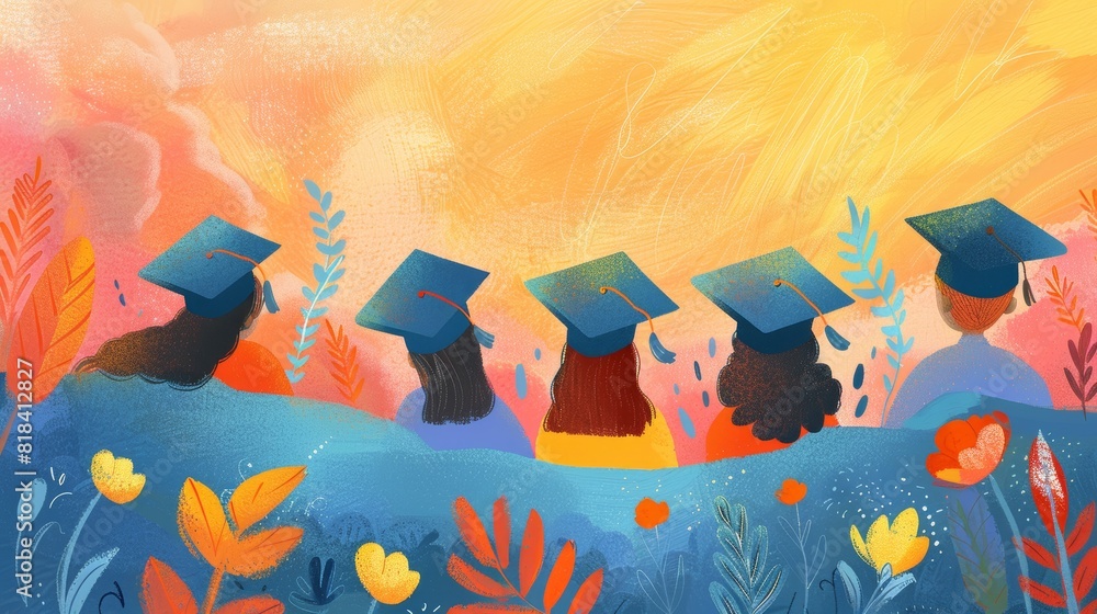 Silhouettes of students with graduate caps in a row on panoramic sunset ...