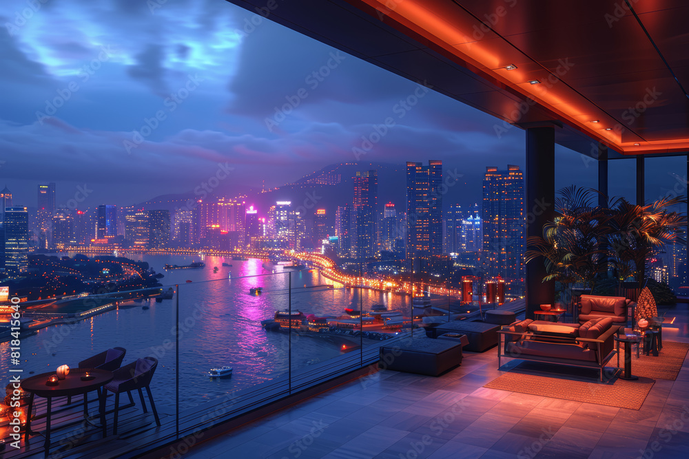 A chic rooftop bar offering panoramic views of the city skyline, where ...