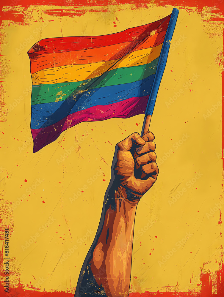 Fist raised high holding a rainbow flag, 'Pr1de' written on the arm ...