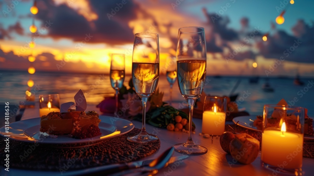 Luxury romantic candlelight dinner table setup for couple in ocean view ...