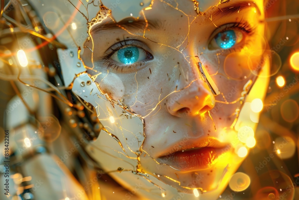 beautiful humanoid female android with cracked porcelain skin, blue ...