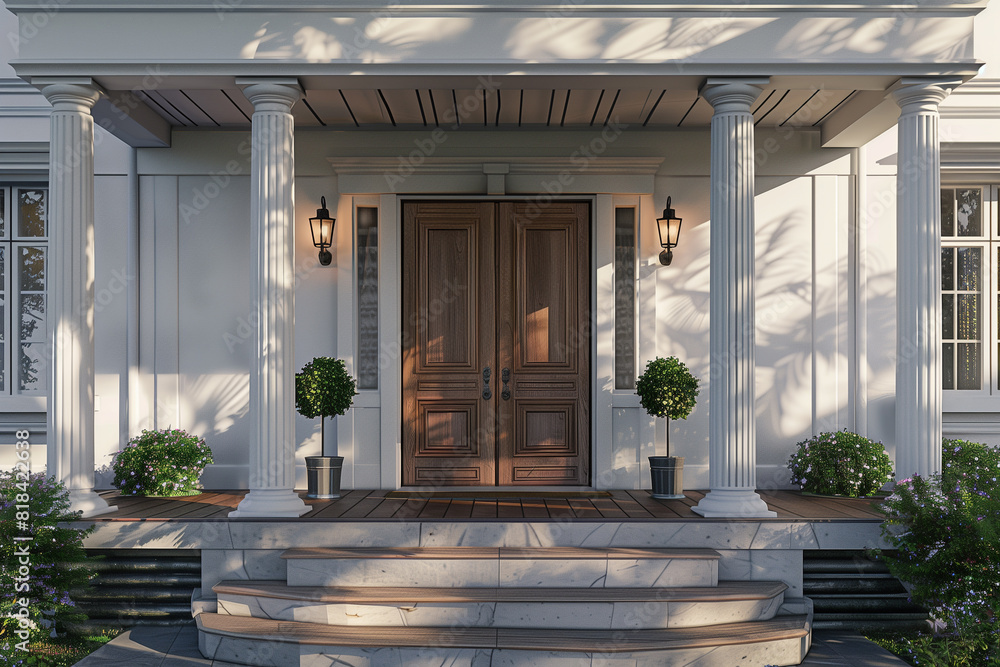 Main entrance door in house. Wooden front door with gabled porch and ...