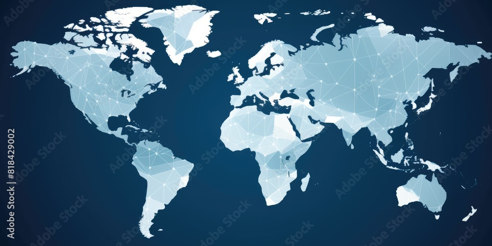 Digital world map in low poly design with network lines on a dark ...