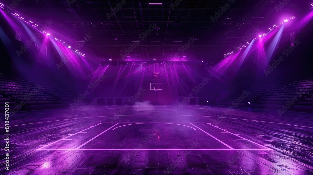 ภาพประกอบสต็อก Neon purple basketball court with spotlight and digital ...