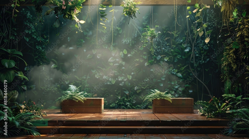 photo of an empty wooden stage with wood boxes and plants, with forest ...