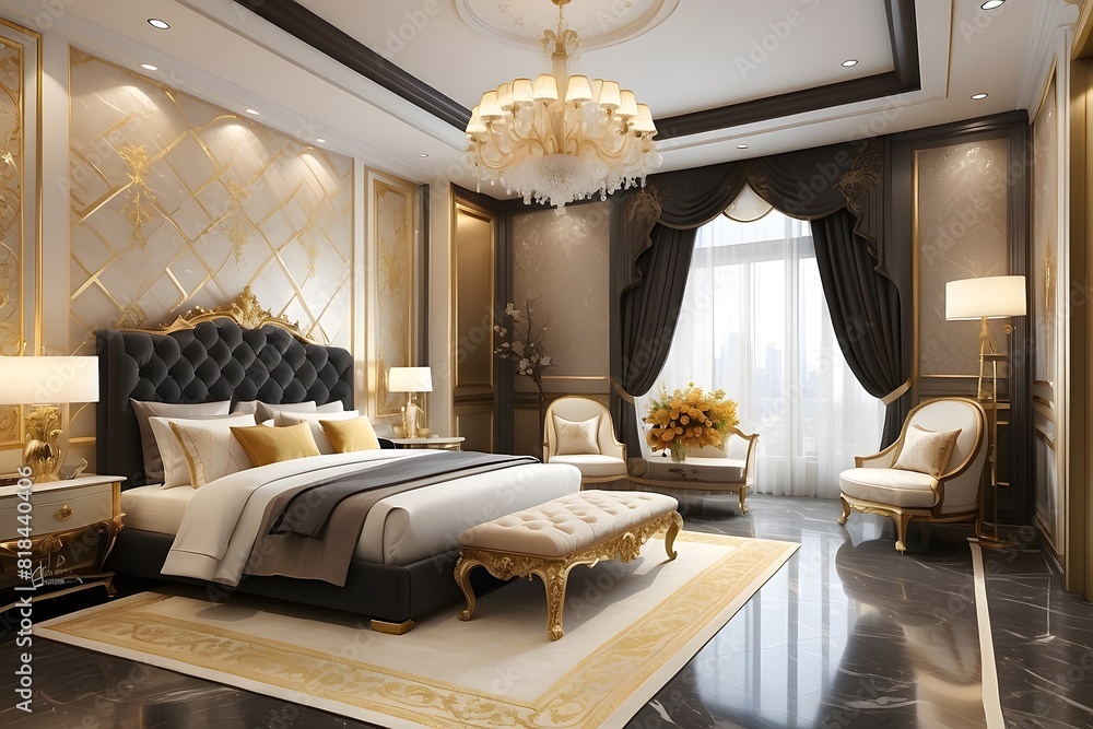Royal luxury bedroom interior design, modern cream and golden interior ...