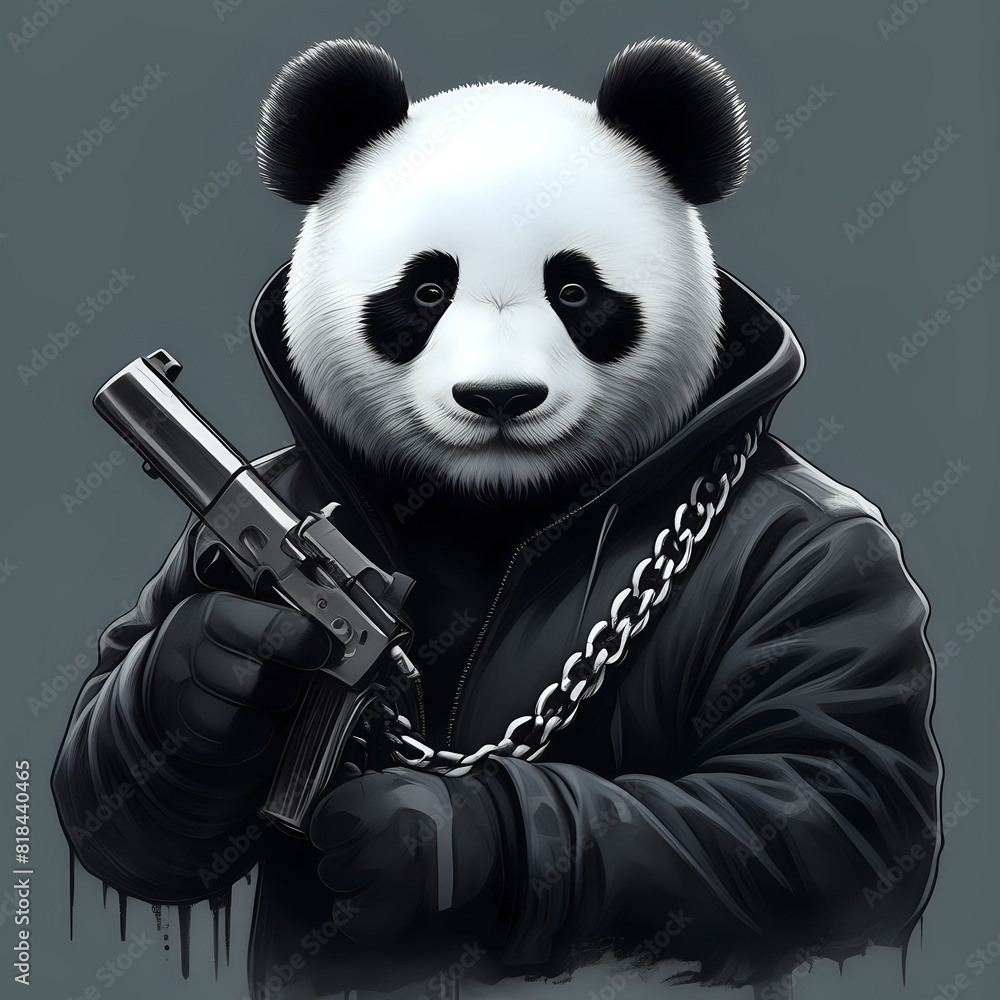 Panda wearing ski mask, posing with gun, wearing chains like a gangster ...