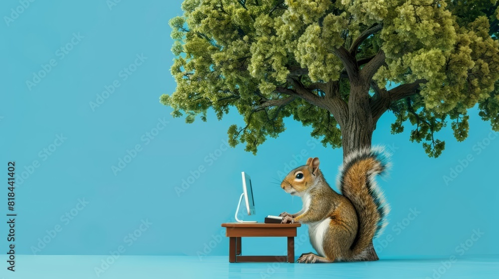 A squirrel in a business suit, sitting at a computer desk under a large ...