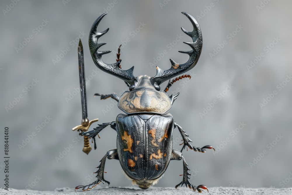 A stag beetle in a knights armor, holding a tiny sword and standing ...