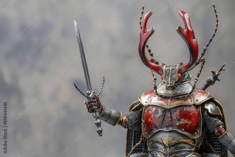A stag beetle in a knights armor, holding a tiny sword and standing ...