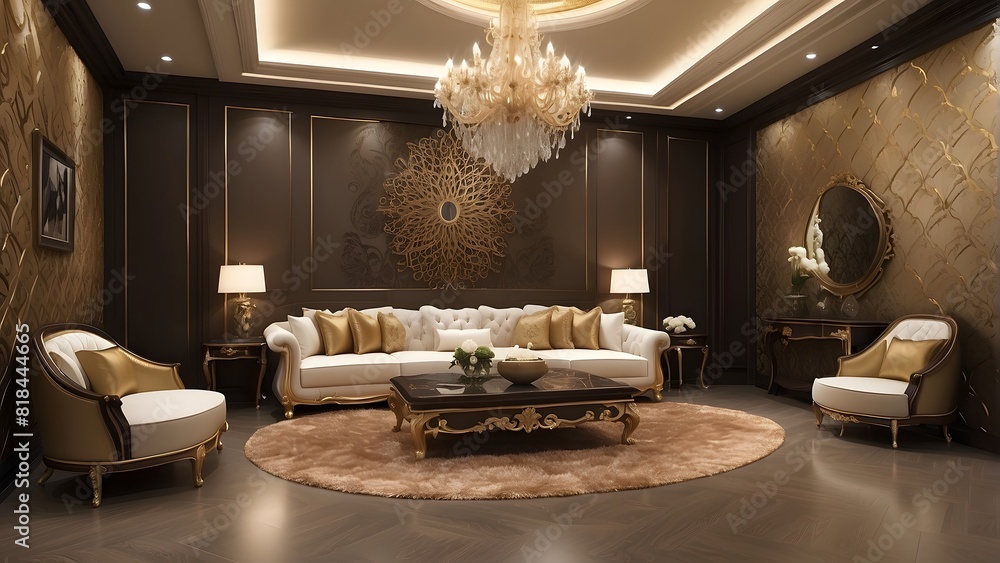 Royal luxury living room interior design, modern brown and golden ...